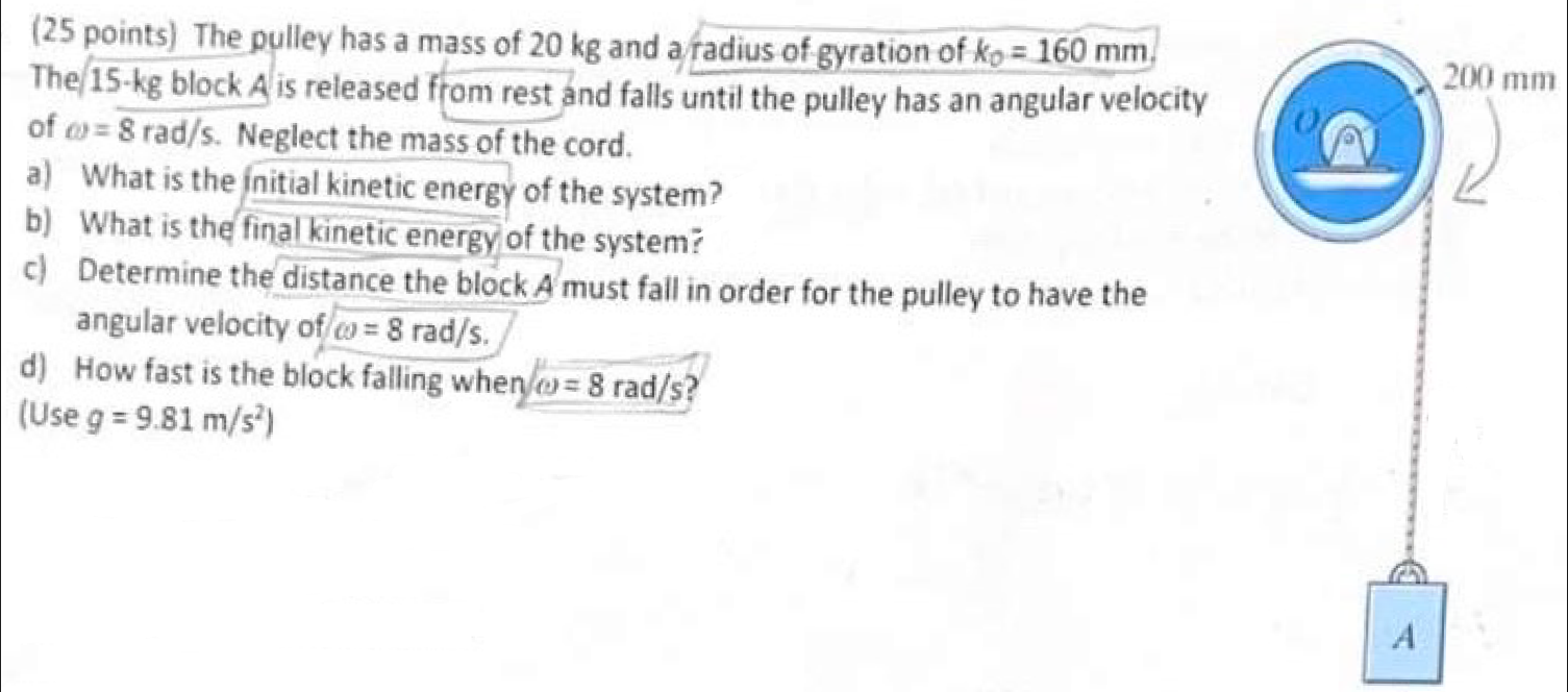 Solved (25 ﻿points) ﻿The pulley has a mass of 20 kg | Chegg.com