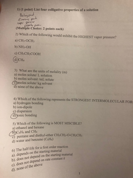 Solved I) (1 point) List four colligative properties of a | Chegg.com