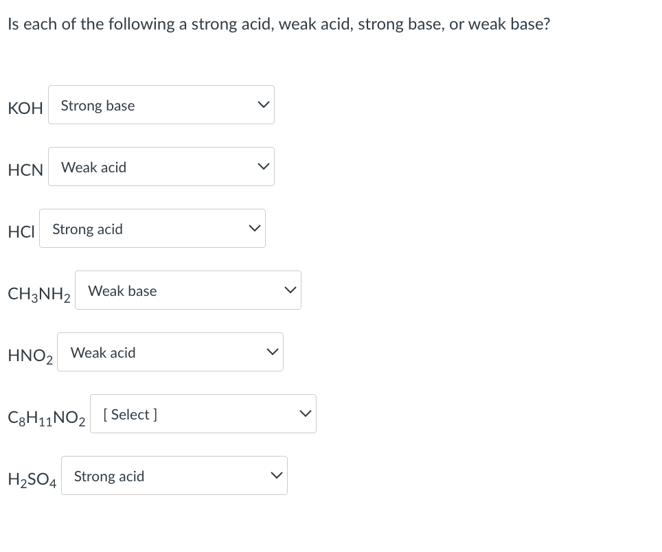 Solved Is each of the following a strong acid, weak acid, | Chegg.com