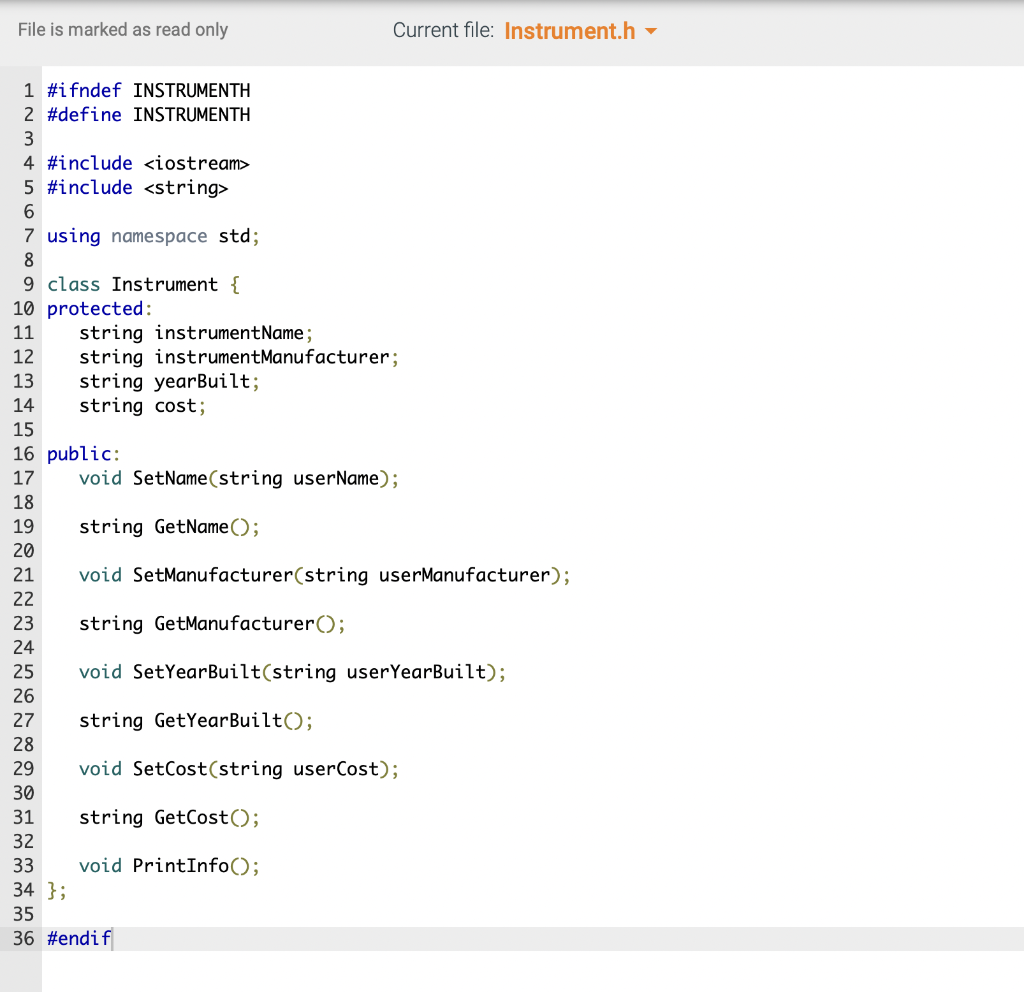 Solved 10.28 LAB: Instrument information Given main() and | Chegg.com