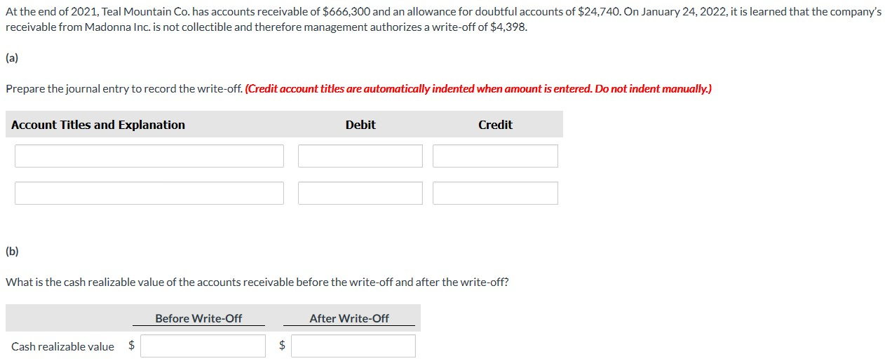 Solved At the end of 2021, Teal Mountain Co. has accounts | Chegg.com
