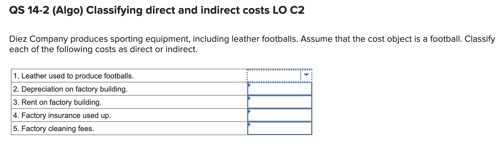 Solved QS 14-2 (Algo) Classifying direct and indirect costs | Chegg.com