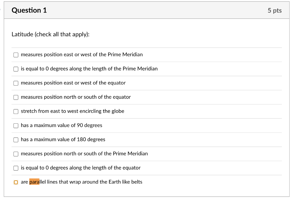 Solved Latitude (check all that apply): measures position | Chegg.com