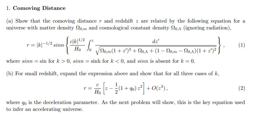 1. Comoving Distance (a) Show that the comoving | Chegg.com