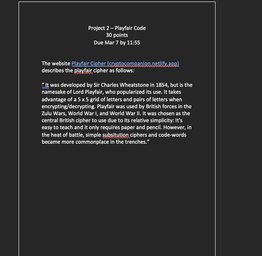 Solved Project 2 – Playfair Code 30 points Due Mar 7 by | Chegg.com