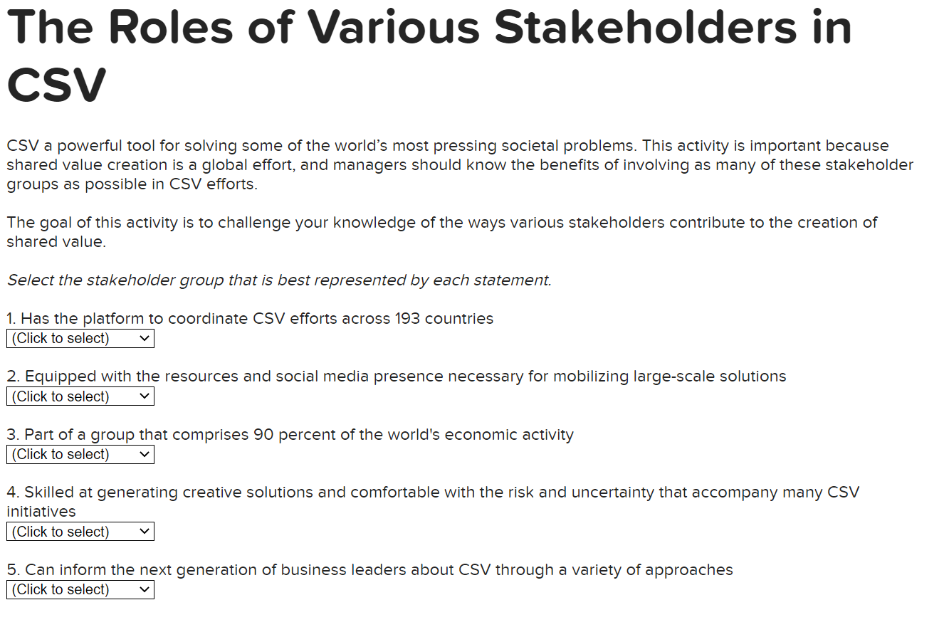 Solved The Roles of Various Stakeholders in CSV CSV a | Chegg.com