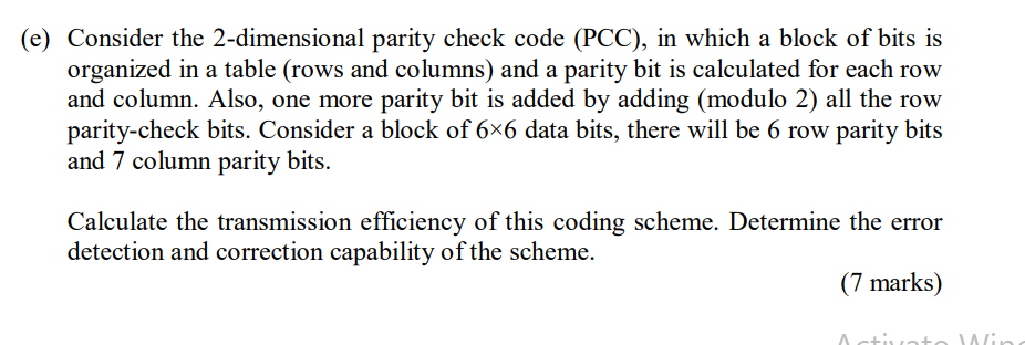 Solved E Consider The 2 Dimensional Parity Check Code 