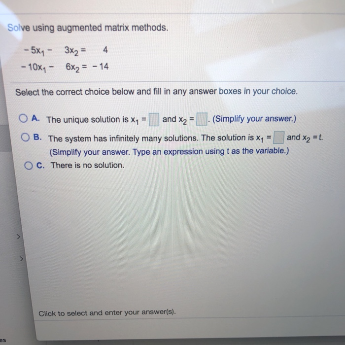 Solved Solve using augmented matrix methods. -5x1 3x2= 4 | Chegg.com