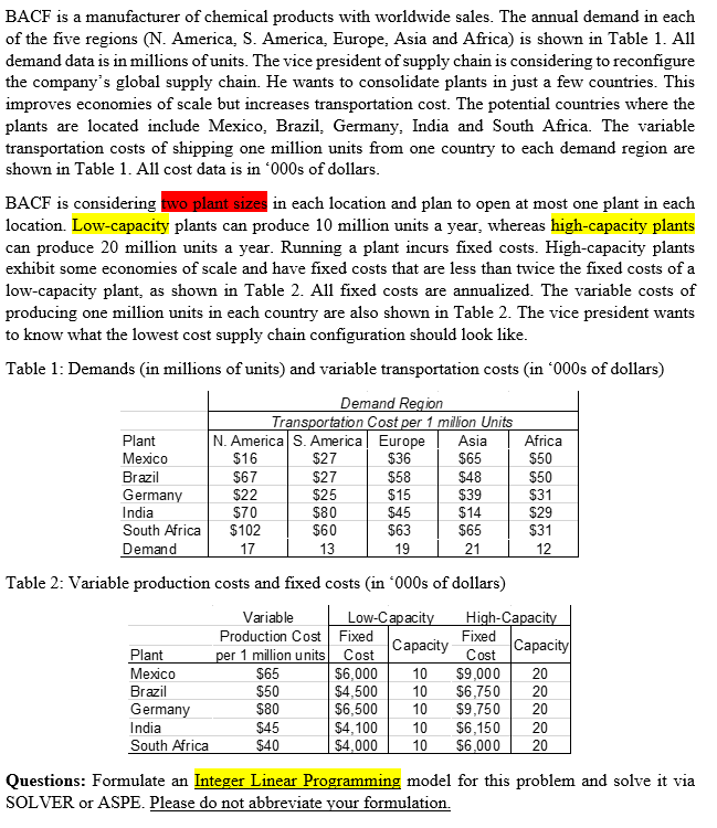 Solved BACF is a manufacturer of chemical products with | Chegg.com