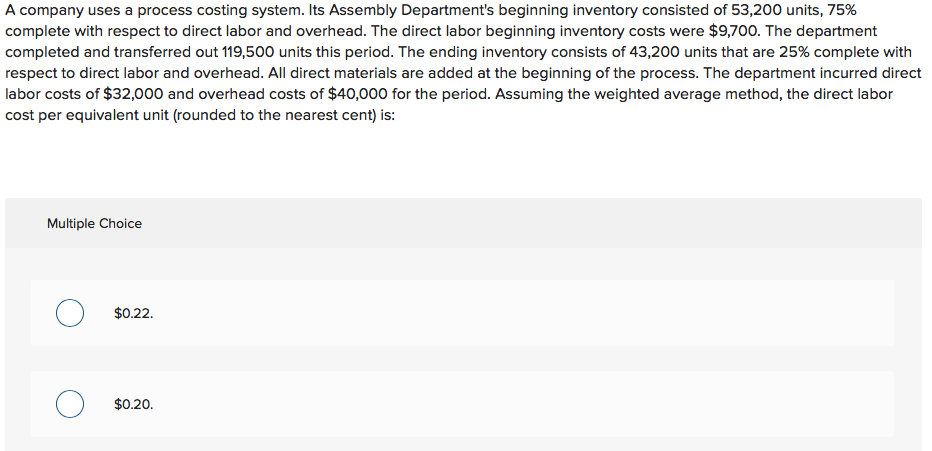 Solved A company uses a process costing system. Its Assembly | Chegg.com