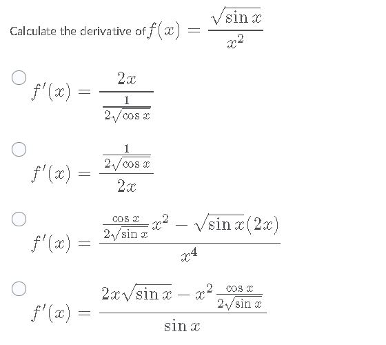 Solved V sin x Calculate the derivative of f(x) = ** © p(e) | Chegg.com