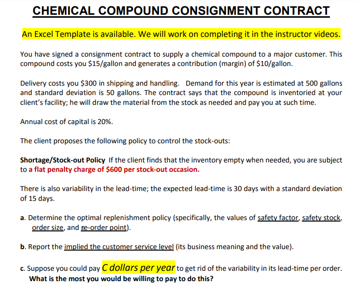 CHEMICAL COMPOUND CONSIGNMENT CONTRACT An Excel | Chegg.com