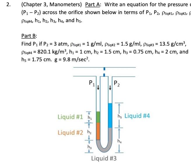 Solved 2. (Chapter 3, Manometers) Part A: Write an equation | Chegg.com