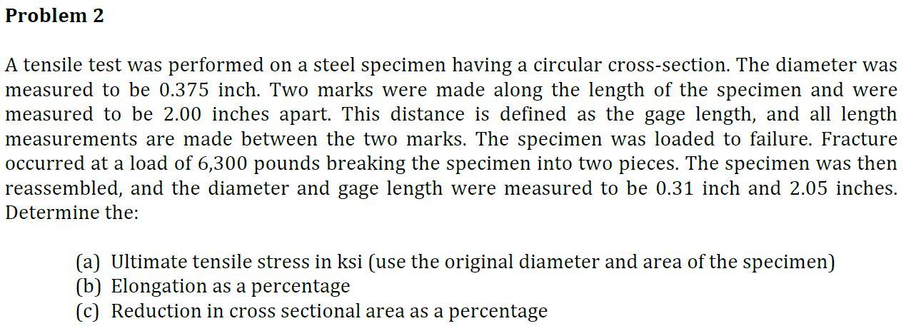 Solved Problem 2 A tensile test was performed on a steel | Chegg.com