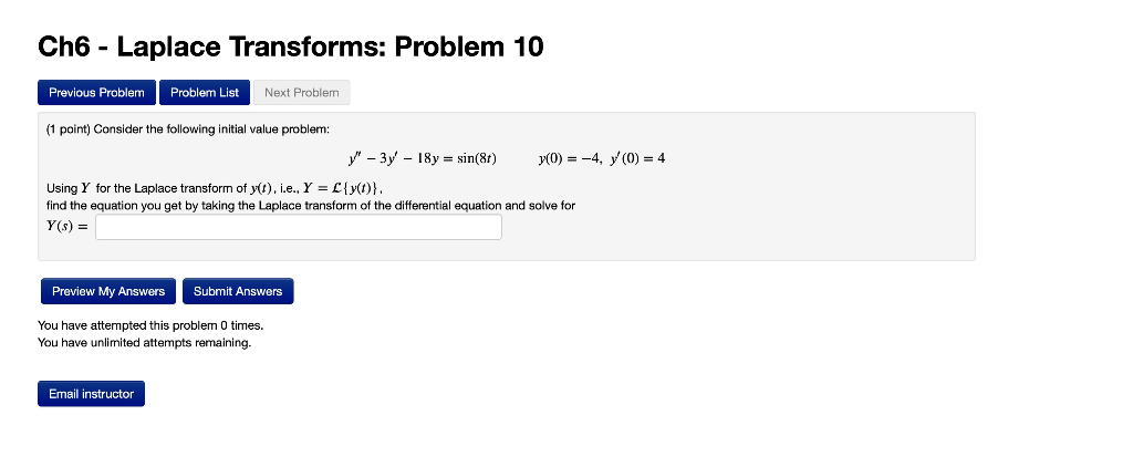 Solved Ch6 - Laplace Transforms: Problem 10 Previous Problem | Chegg.com