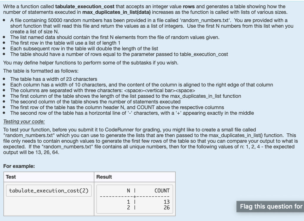 Write a function called tabulate_execution_cost that | Chegg.com