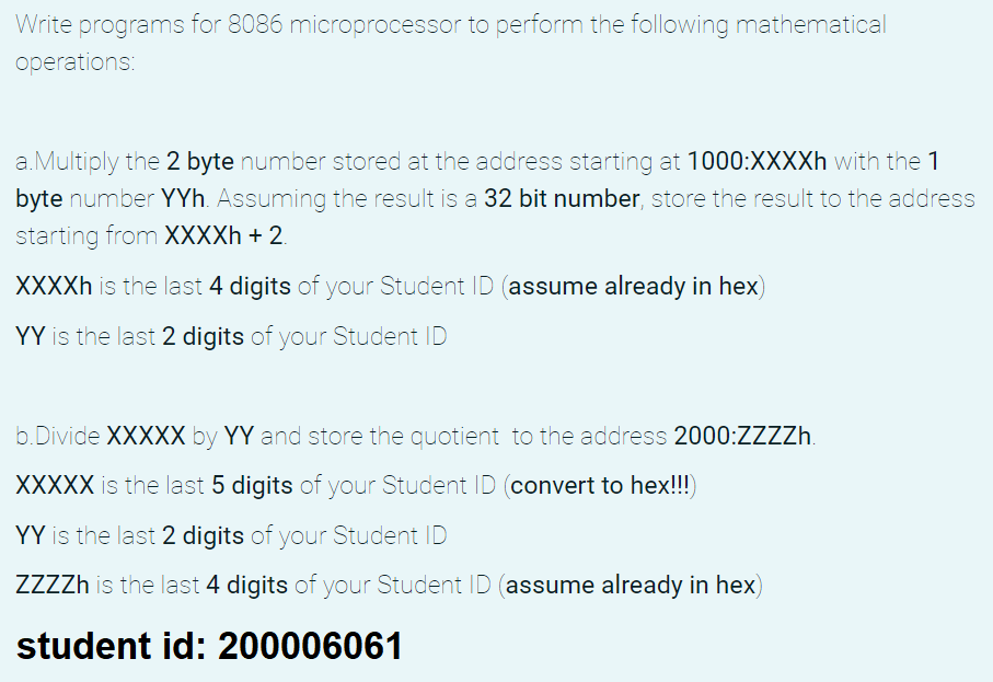 Solved Write programs for 8086 microprocessor to perform the | Chegg.com