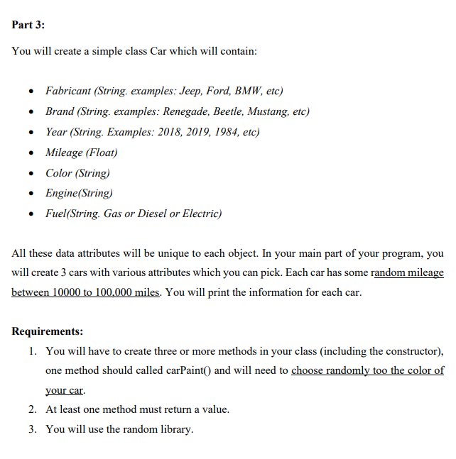 Solved Part 3: You will create a simple class Car which will | Chegg.com