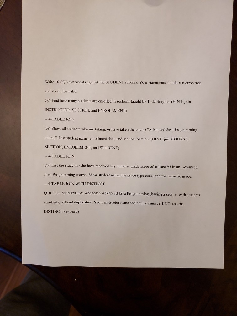 Solved Write 10 SQL statements against the STUDENT schema. | Chegg.com