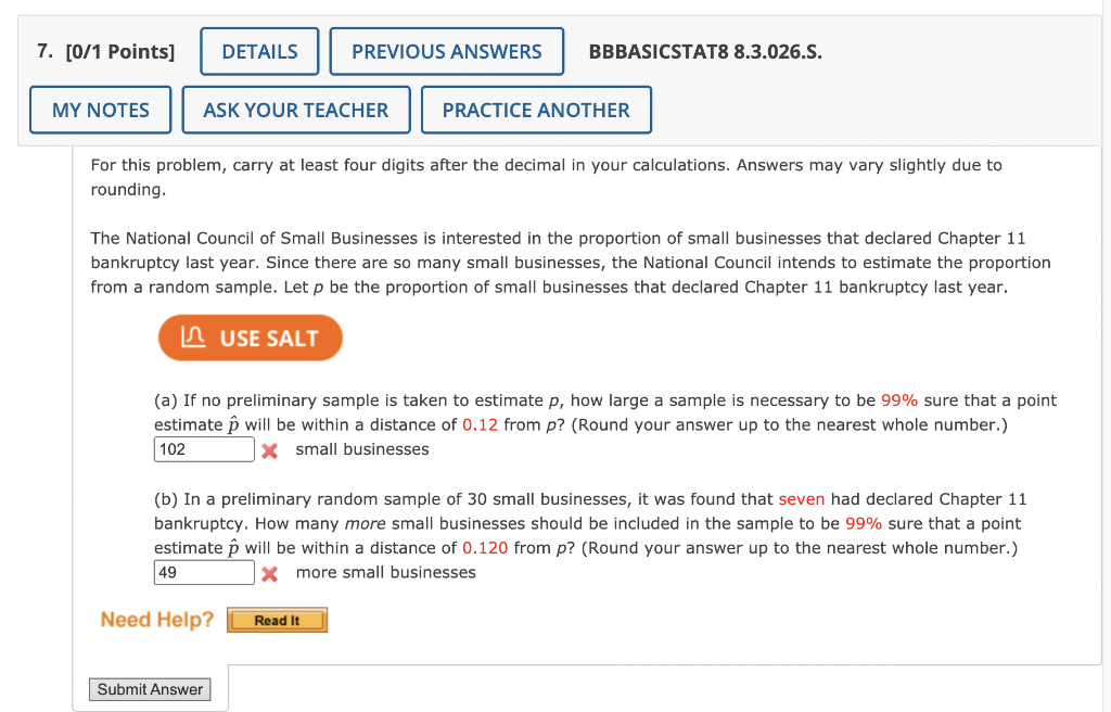 Solved 7. [0/1 Points] DETAILS PREVIOUS ANSWERS BBBASICSTAT8 | Chegg.com