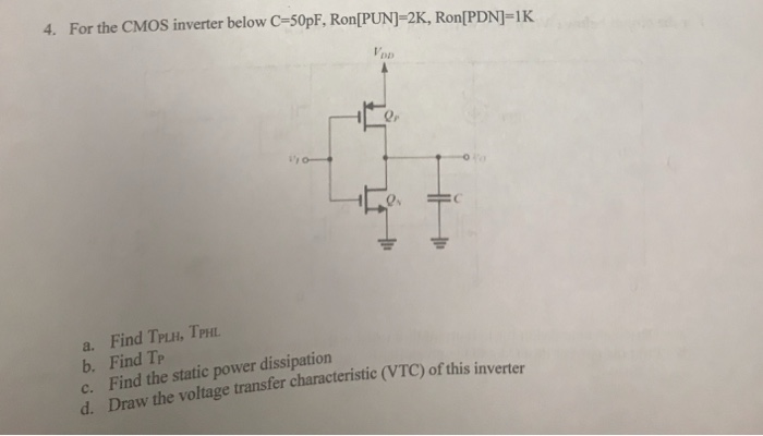 Solved 4. For the CMOS inverter below C-50pF, Ron[PUN]-2K, | Chegg.com
