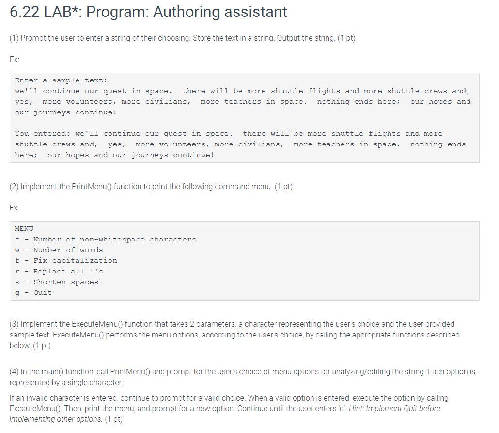 Solved 6.22 LAB*: Program: Authoring assistant (1) Prompt | Chegg.com