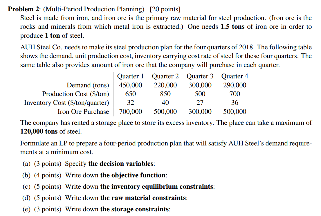 Solved Problem 2: (Multi-Period Production Planning) [20 | Chegg.com