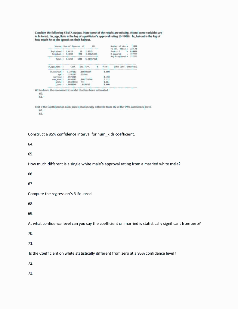 Solved Consider the following STATA output. Note some of the | Chegg.com