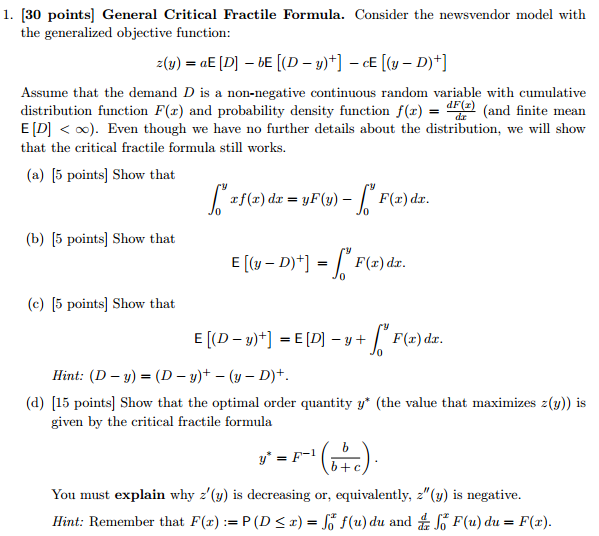Solved 1. [30 points] General Critical Fractile Formula. | Chegg.com
