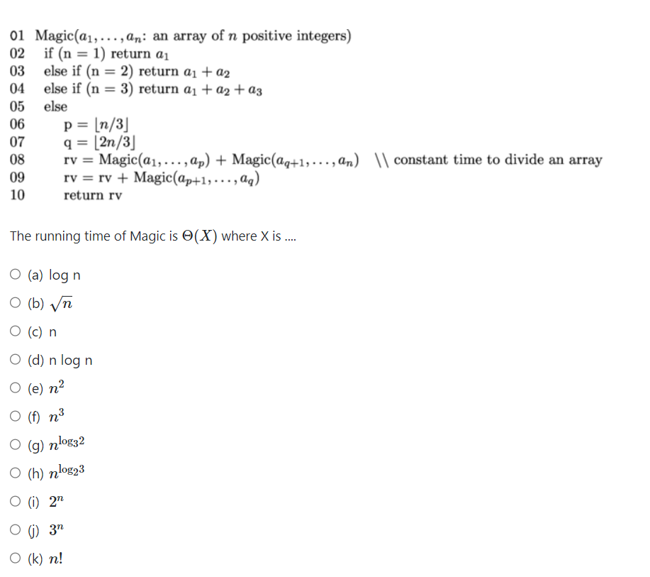 Solved 01020304050607080910 Magic (a1,…,an: an array of n | Chegg.com