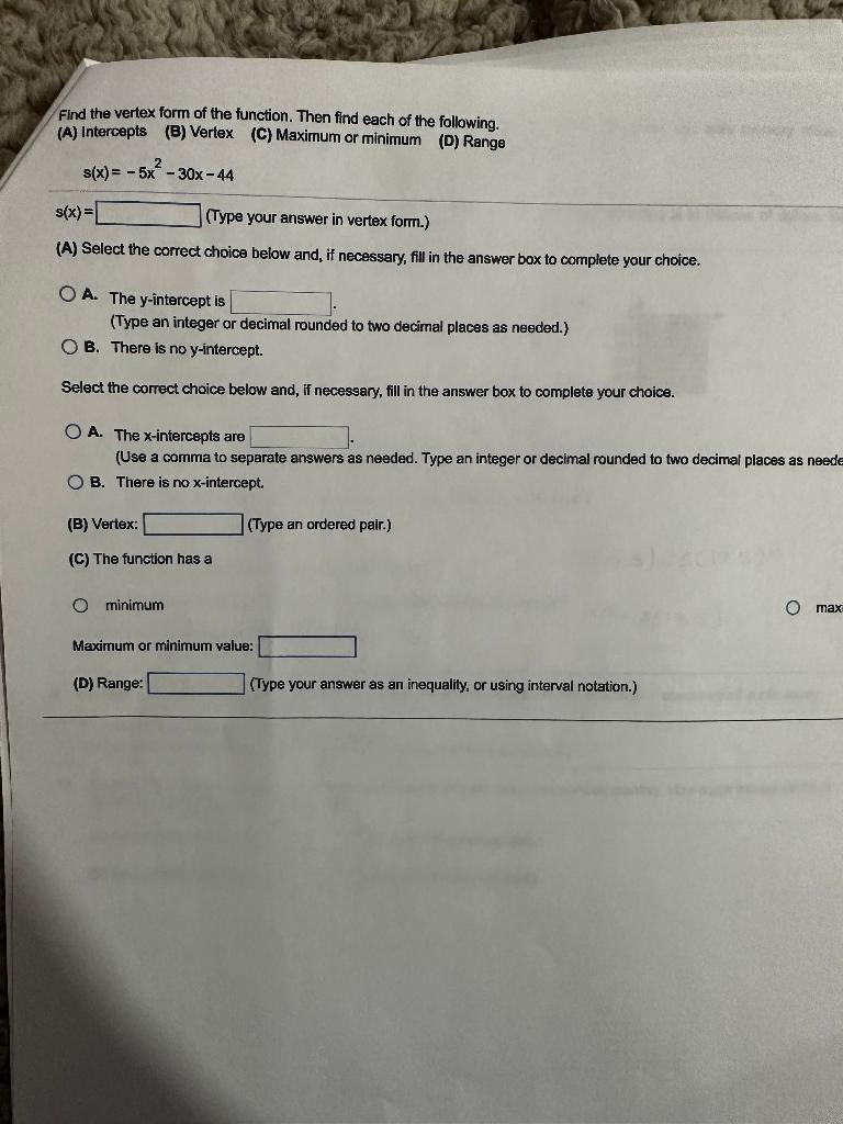Solved Find the vertex form of the function. Then find each | Chegg.com