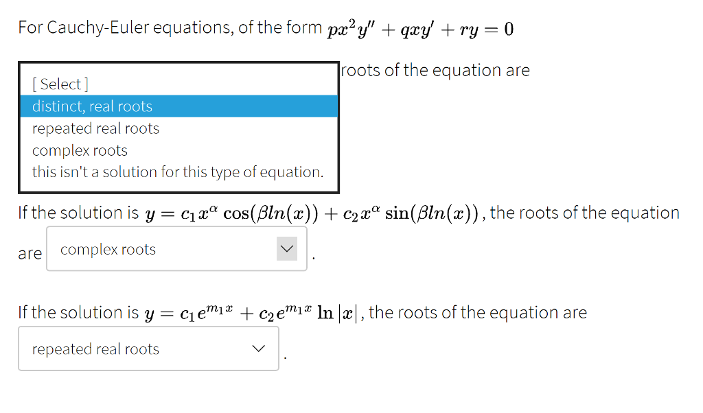 Solved [Select ] distinct, rcal roots repeated real roots | Chegg.com