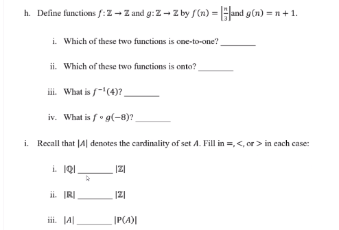 Solved h. Define functions f:Z→Z and g:Z→Z by f(n)=⌊3n⌋ and | Chegg.com