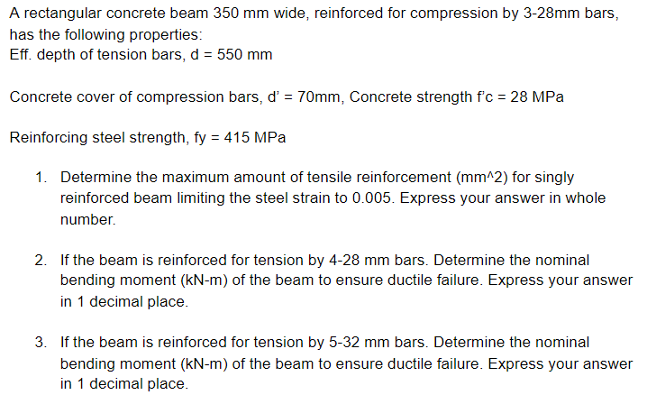 Solved A rectangular concrete beam 350 mm wide, reinforced | Chegg.com