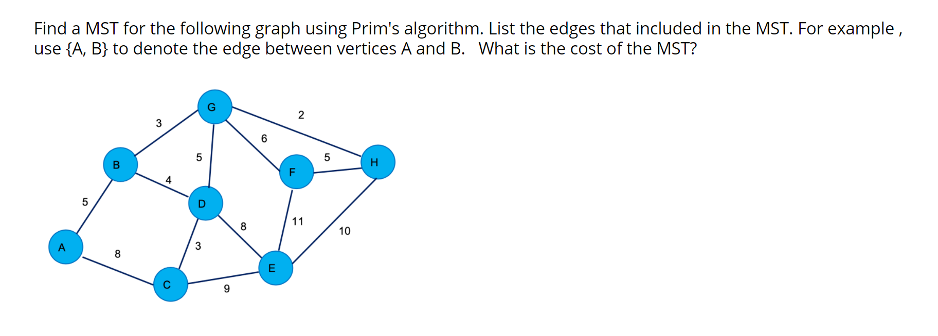 Solved Find a MST for the following graph using Prim's | Chegg.com
