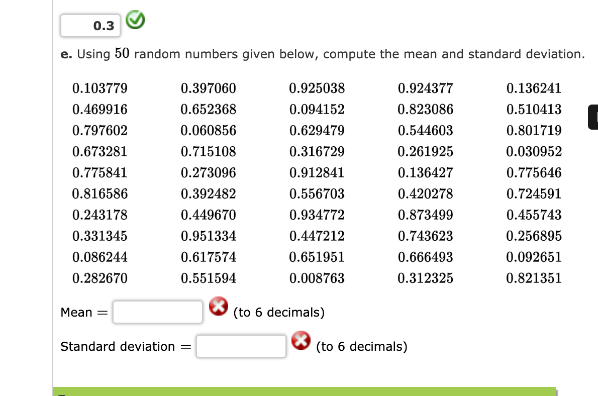 Solved 0.3 e. Using 50 random numbers given below, compute | Chegg.com