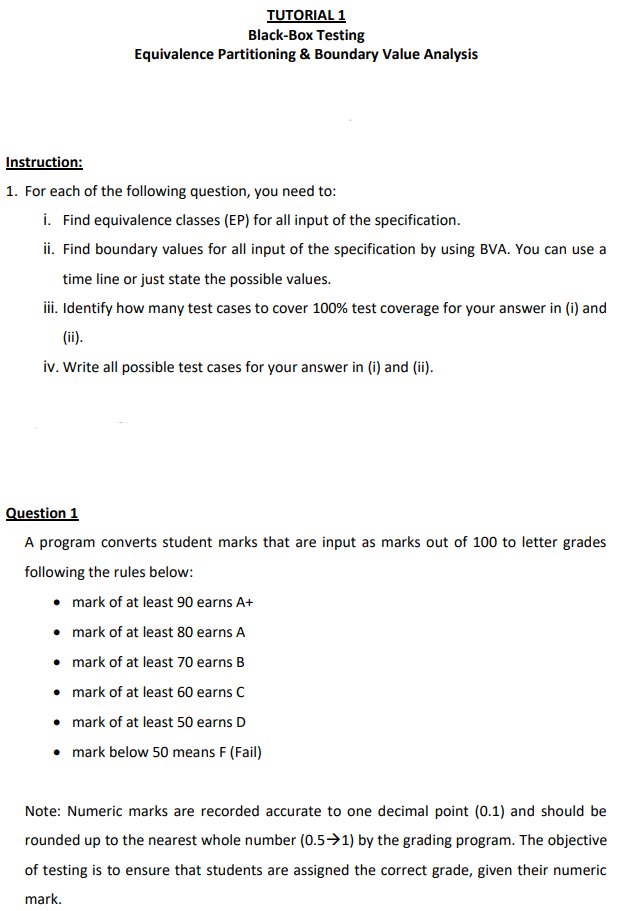 Solved TUTORIAL 1 Black Box Testing Equivalence Partitioning Chegg