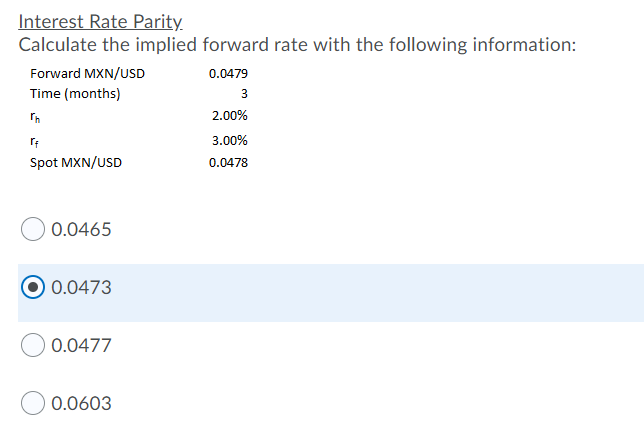 Solved Interest Rate Parity Calculate the implied forward | Chegg.com