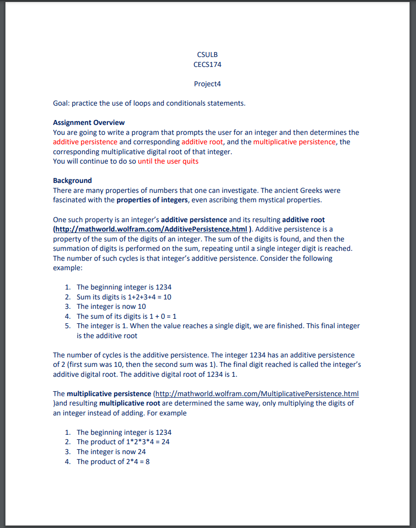 Solved CSULB CECS174 Project4 Goal: practice the use of | Chegg.com