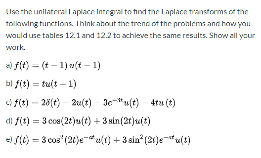 Solved Use the unilateral Laplace integral to find the | Chegg.com