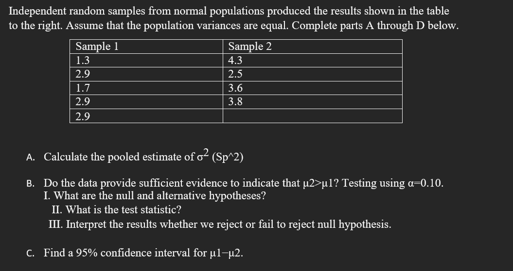 Solved Independent random samples from normal populations | Chegg.com