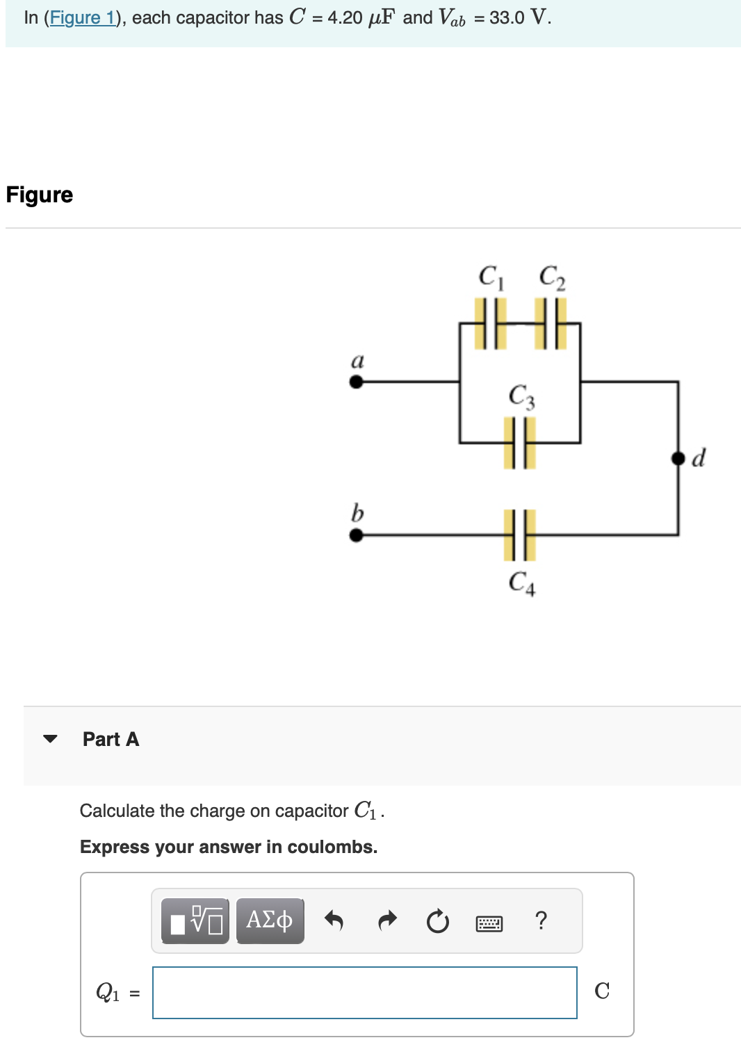 Solved In (Figure 1), each capacitor has C=4.20μF and | Chegg.com