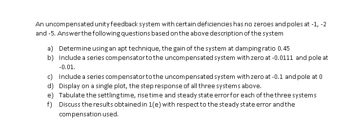 Solved An uncompensated unity feedback system with certain | Chegg.com