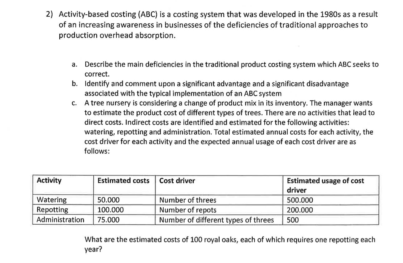 2) Activity-based costing (ABC) is a costing system | Chegg.com