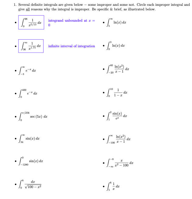 Solved 1. Several definite integrals are given below - some | Chegg.com