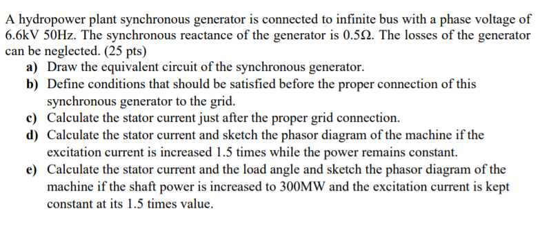 Solved A hydropower plant synchronous generator is connected | Chegg.com