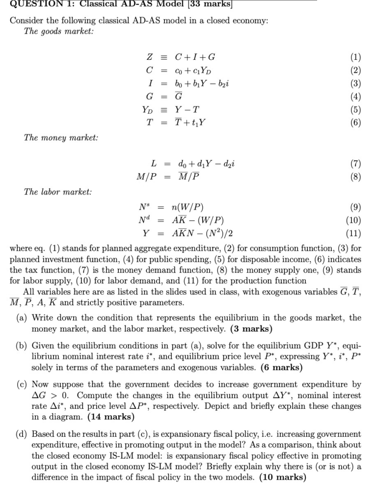 Solved QUESTION 1: Classical AD-AS Model (33 marks Consider | Chegg.com