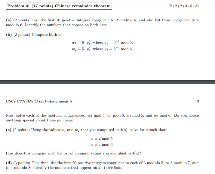 Solved Problem 4: (17 points) Chinese remainder theorem | Chegg.com