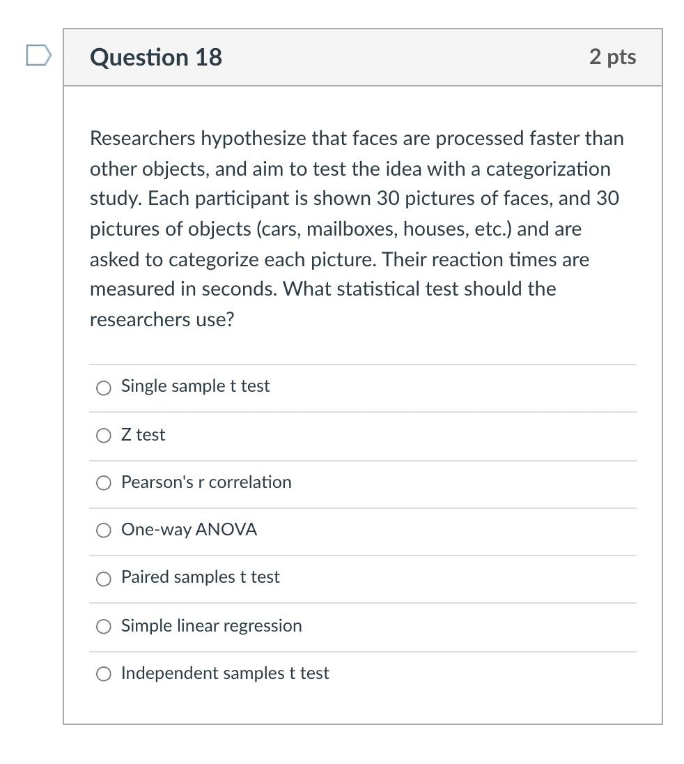Solved Question 18 2 pts Researchers hypothesize that faces | Chegg.com