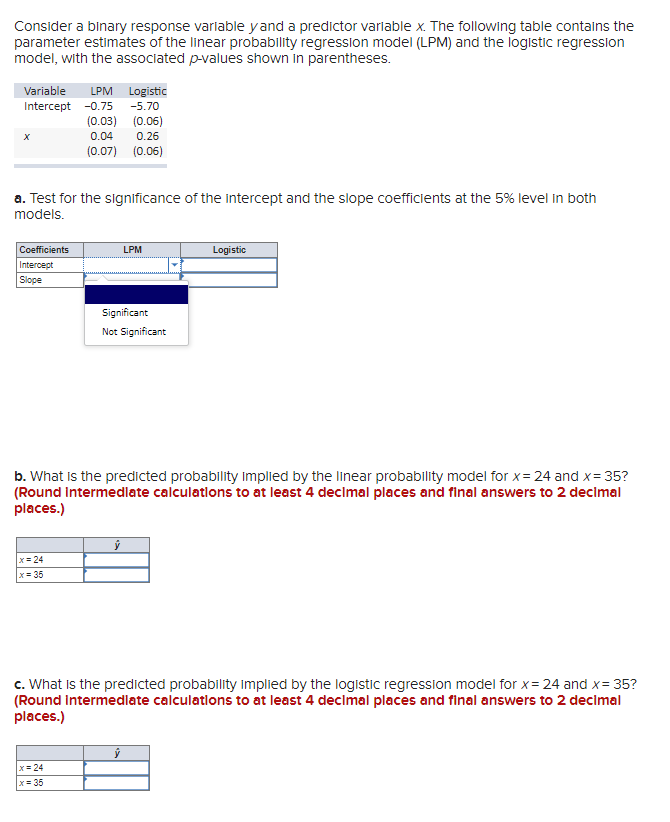 Solved Consider a binary response variable y and a predictor | Chegg.com